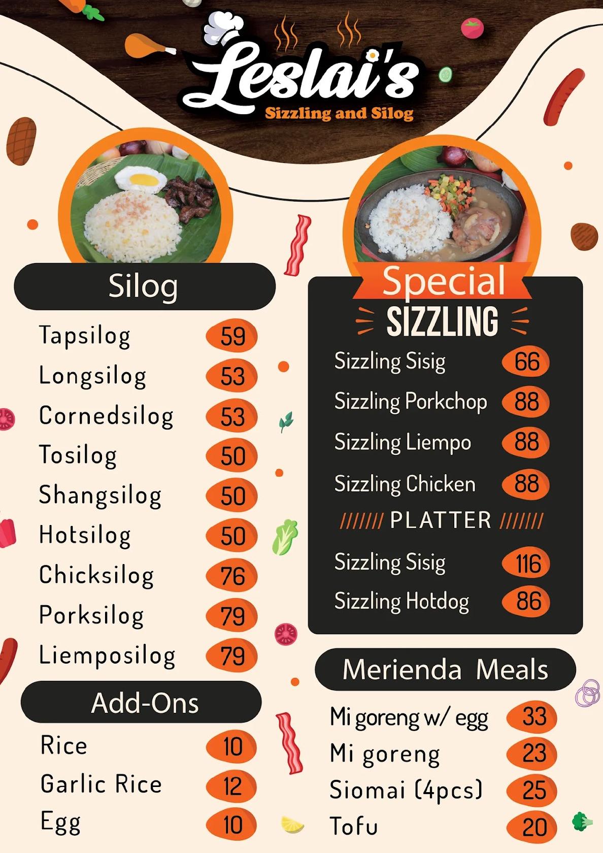 Carta del restaurante Leslai's Sizzling and Silog, Tayabas