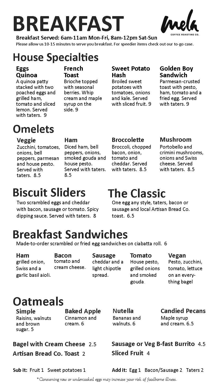 Menu at Mela Coffee Roasting Co. cafe, Wenatchee