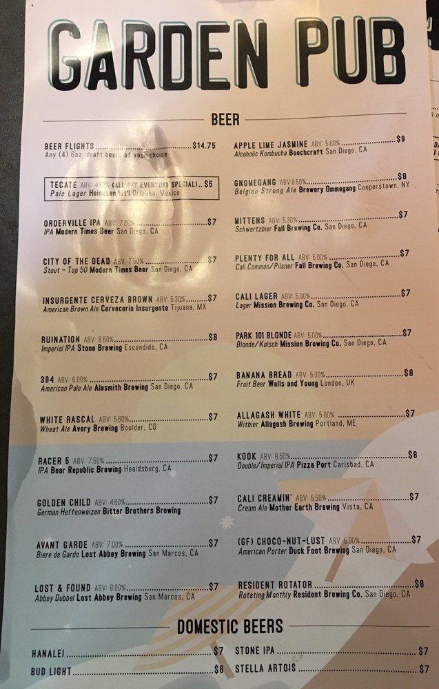 Menu at Park 101 pub & bar, Carlsbad