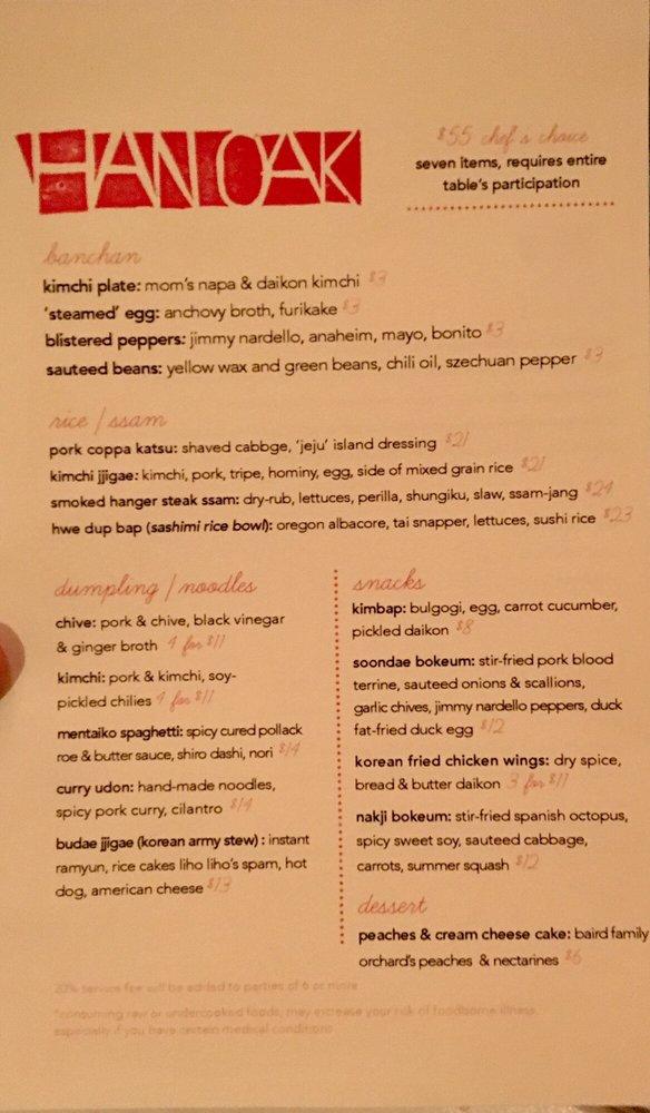 Menu at Han Oak Restaurant LLC, Portland