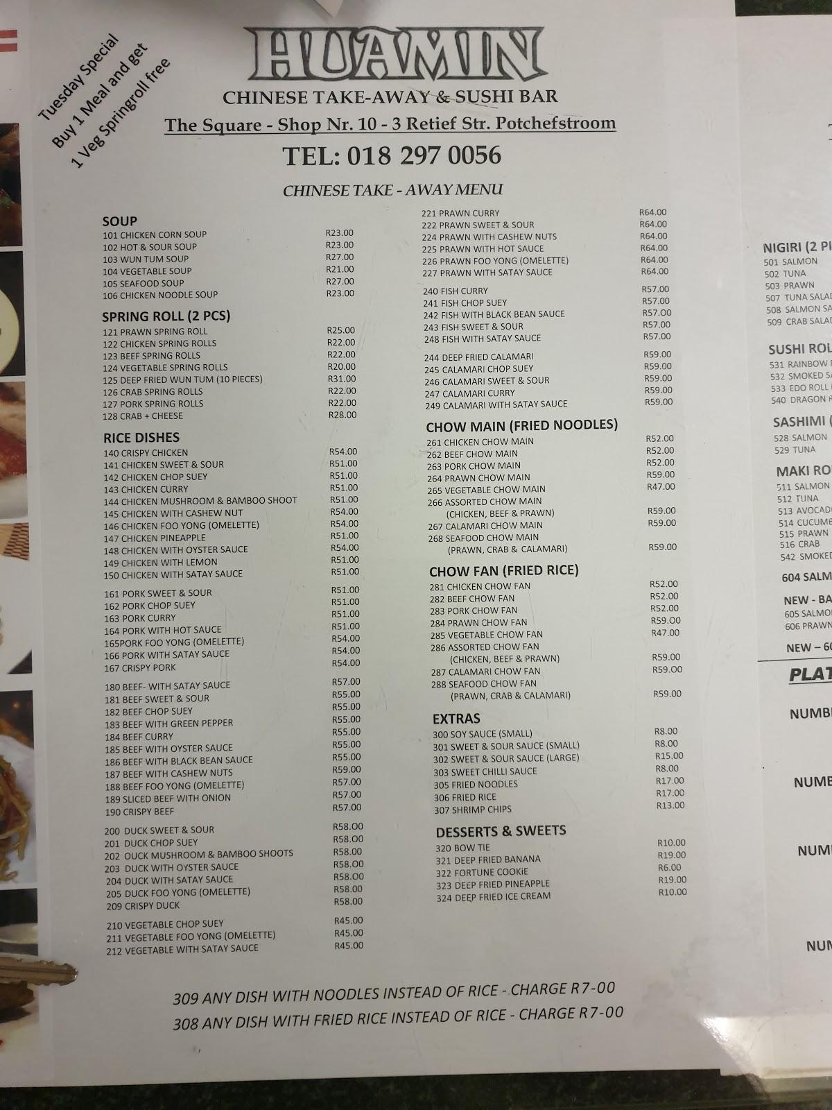 Menu at Huamin Chinese Take-Away & Sushi Bar, Potchefstroom, Shop No. 10
