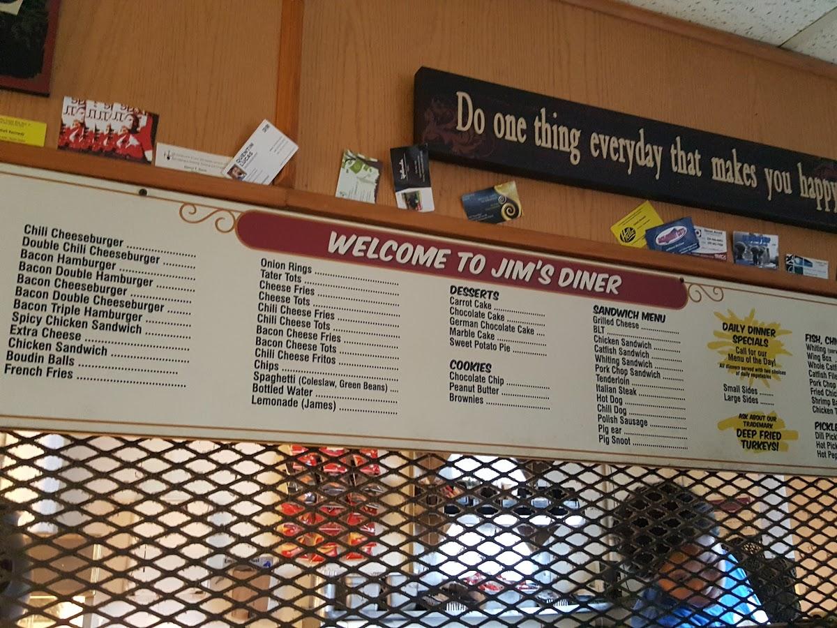 Menu at Jim's Diner restaurant, Kansas City, Prospect Ave