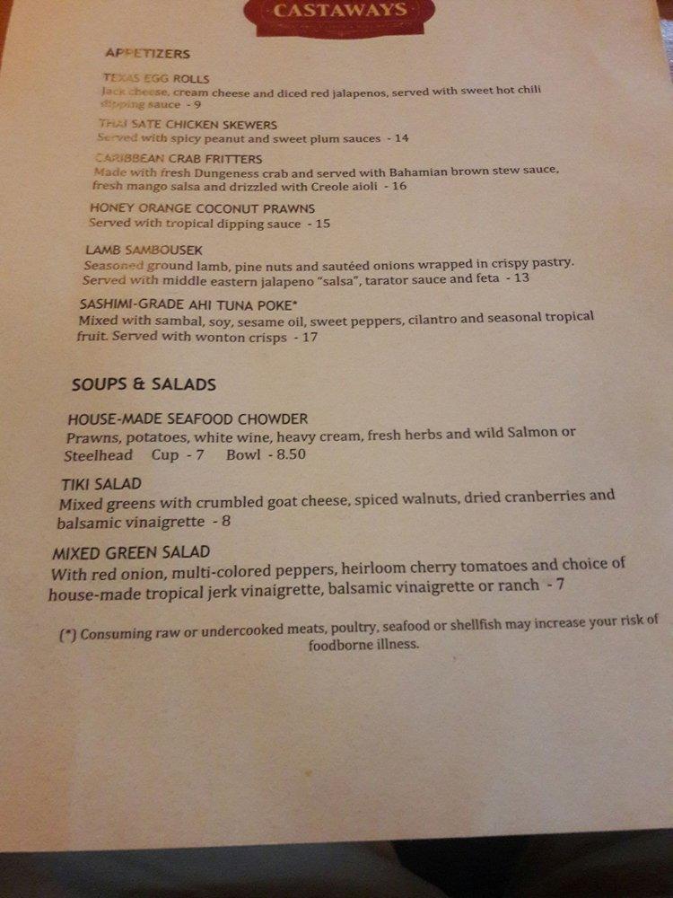 Menu at Castaways Global Cuisine restaurant, Cannon Beach