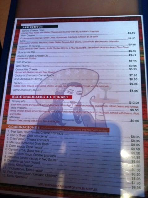 Menu at El Dorado Restaurant, Tucson