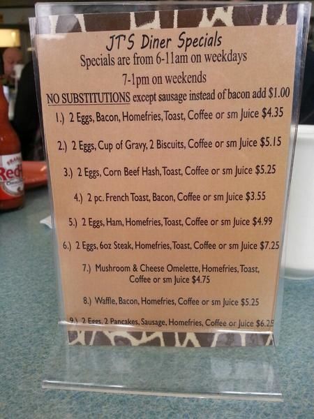 Menu at J T's Diner restaurant, Willoughby, Lost Nation Rd
