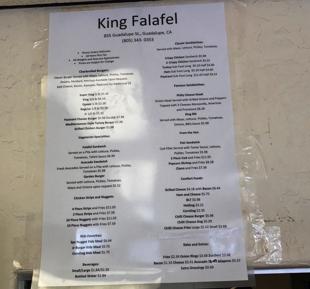 Menu at King Falafel restaurant, Guadalupe