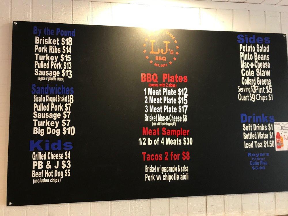 Menu at LJ's BBQ, Brenham