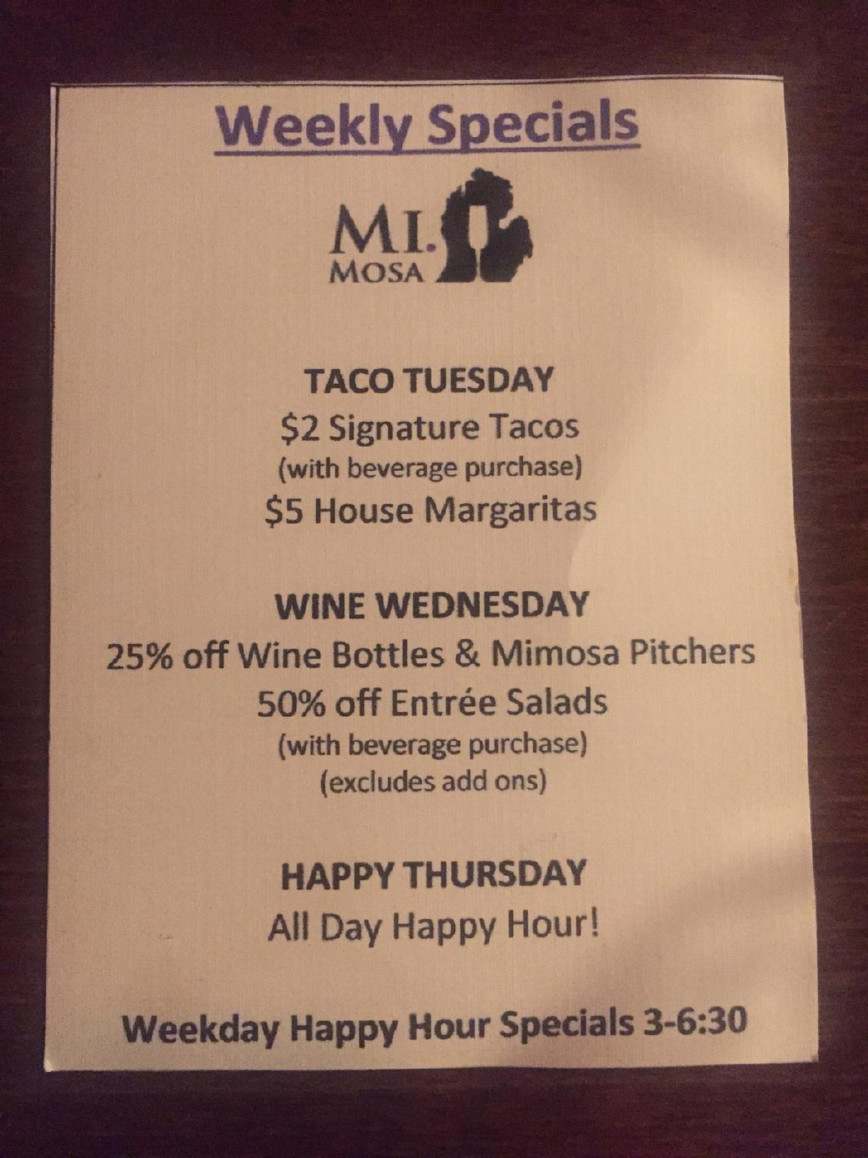 Menu at MI.MOSA pub & bar, Farmington