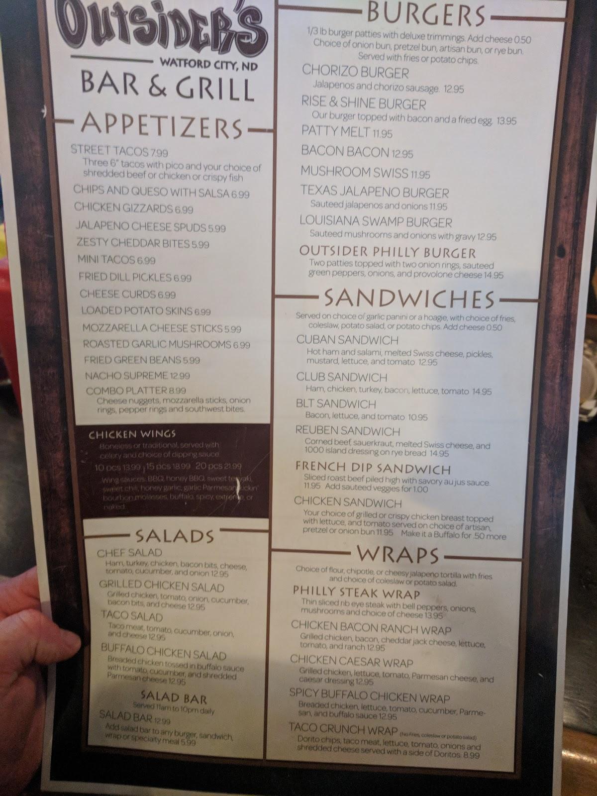 Menu at Outsider's Bar & Grill, Watford City