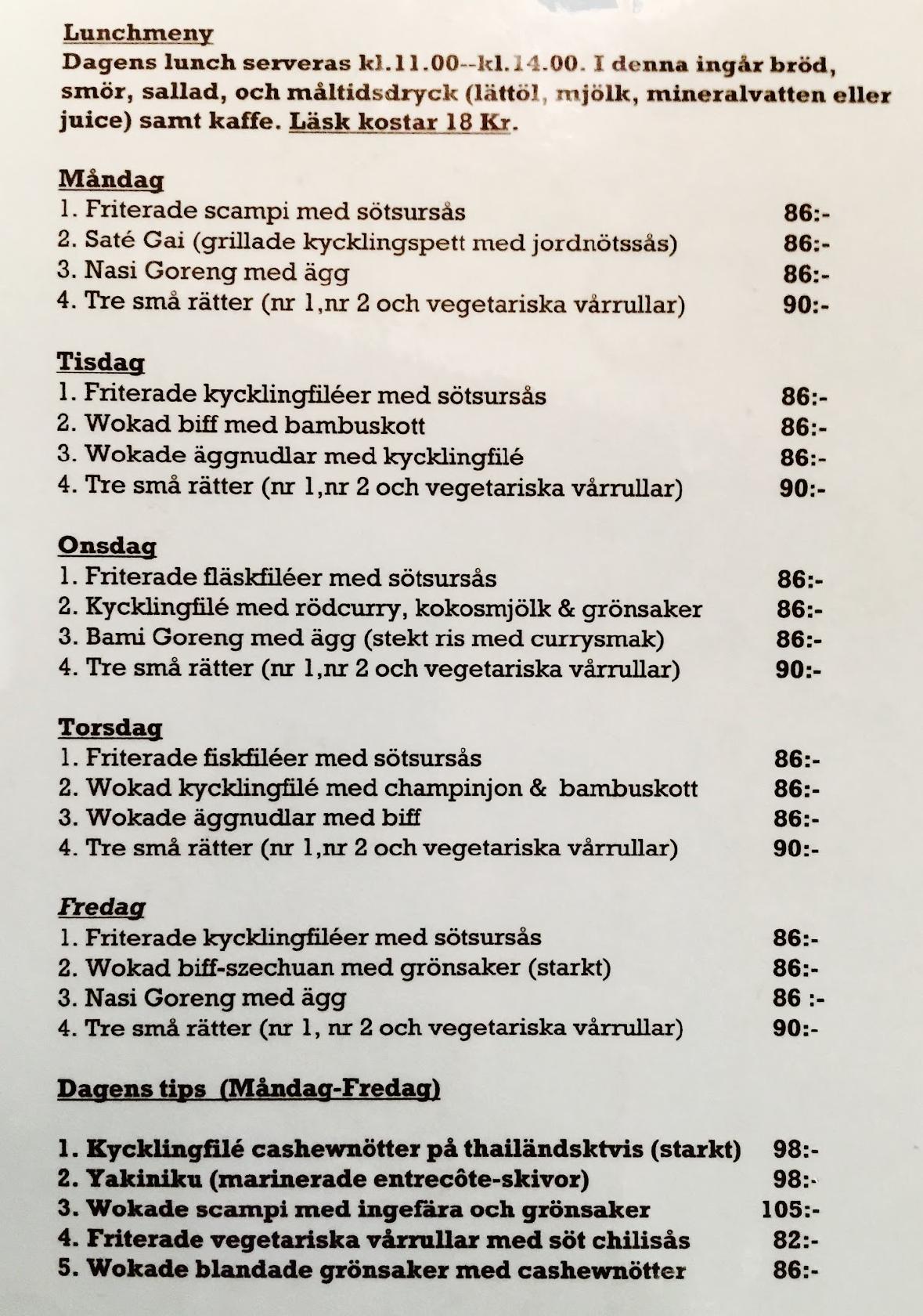 Menu at Restaurang China Corner restaurant, Stockholm, Sankt Eriksgatan 39