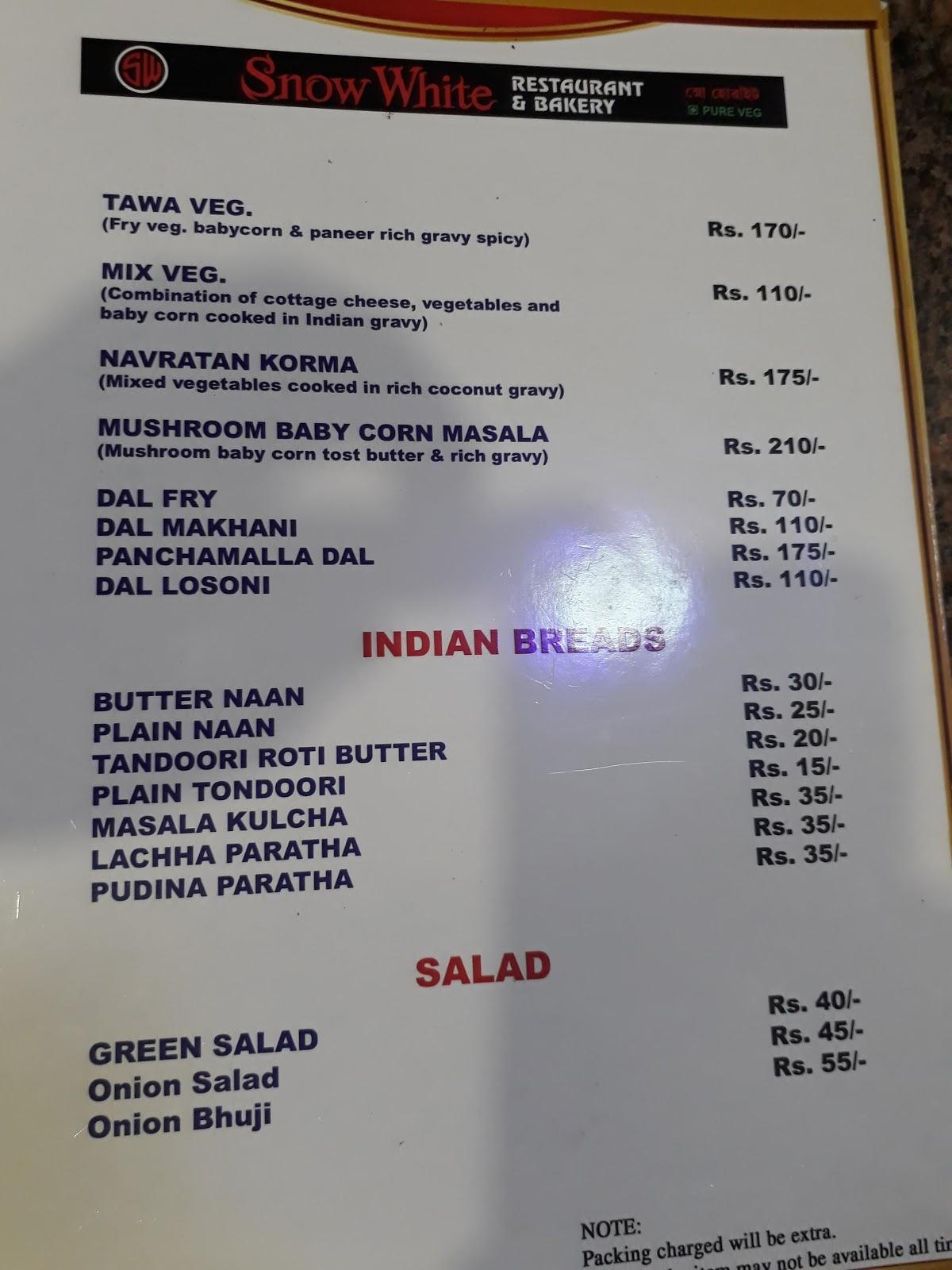 Menu at Snow White, India