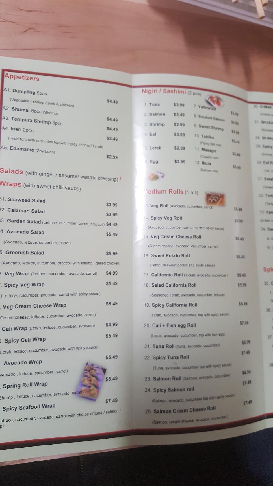 Menu at Splendid Sushi restaurant, Concord