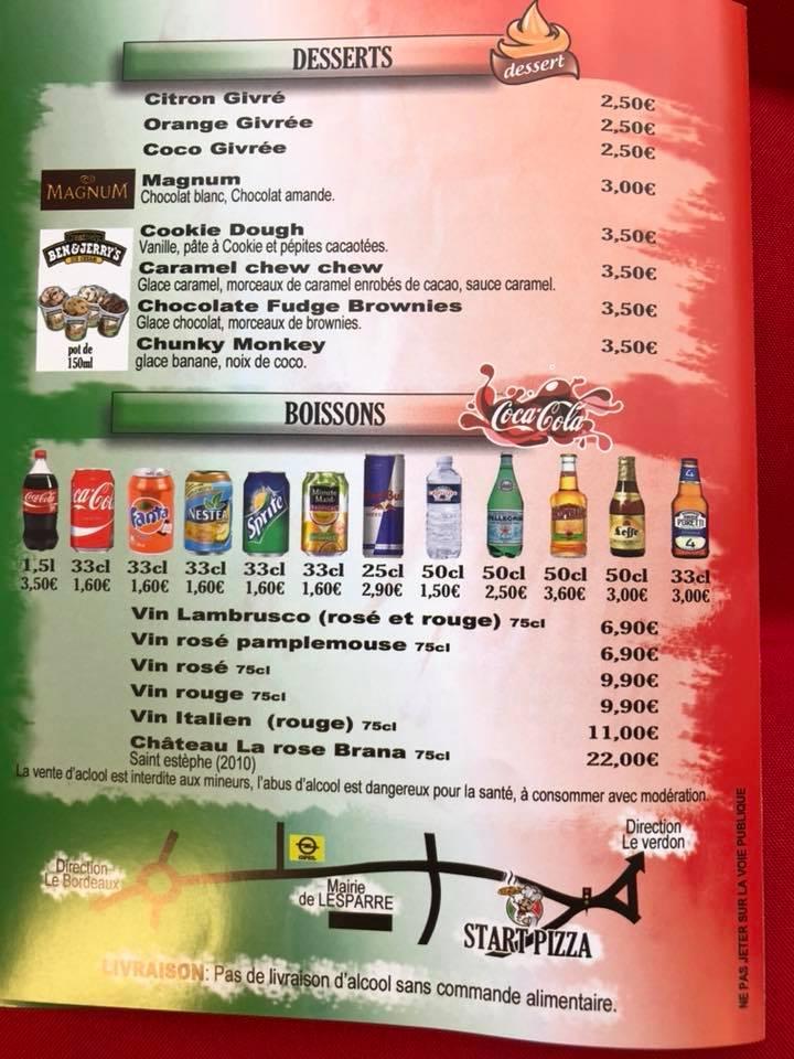 Menu at Start Pizza restaurant, Lesparre-Médoc
