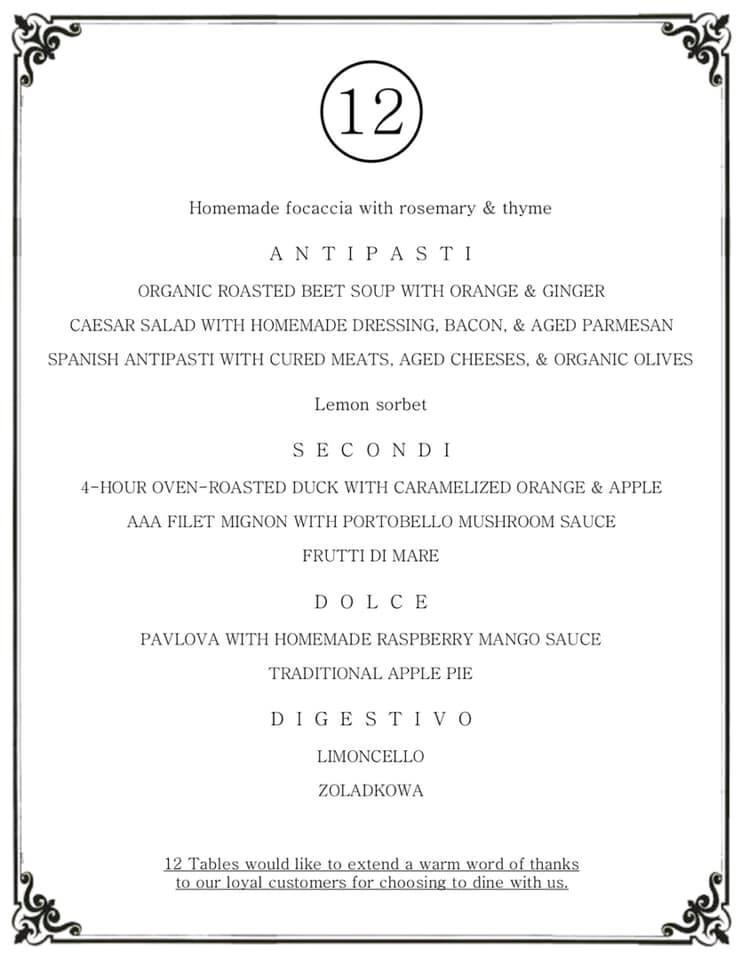 Menu at 12 Tables restaurant, Toronto