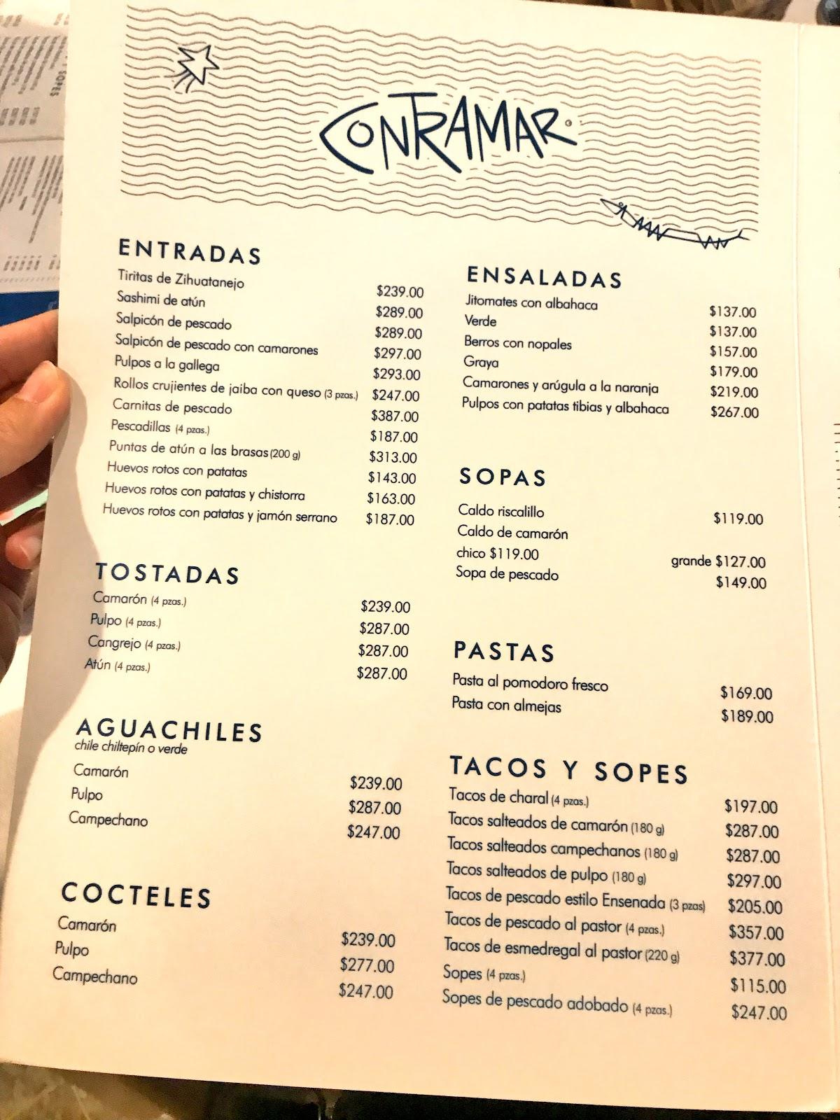 Carta del restaurante Contramar, Ciudad López Mateos, Calle del Durango 200