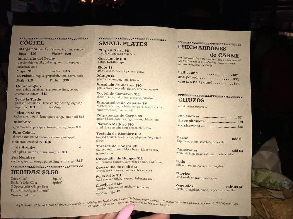 Menu at El Techo pub & bar, San Francisco