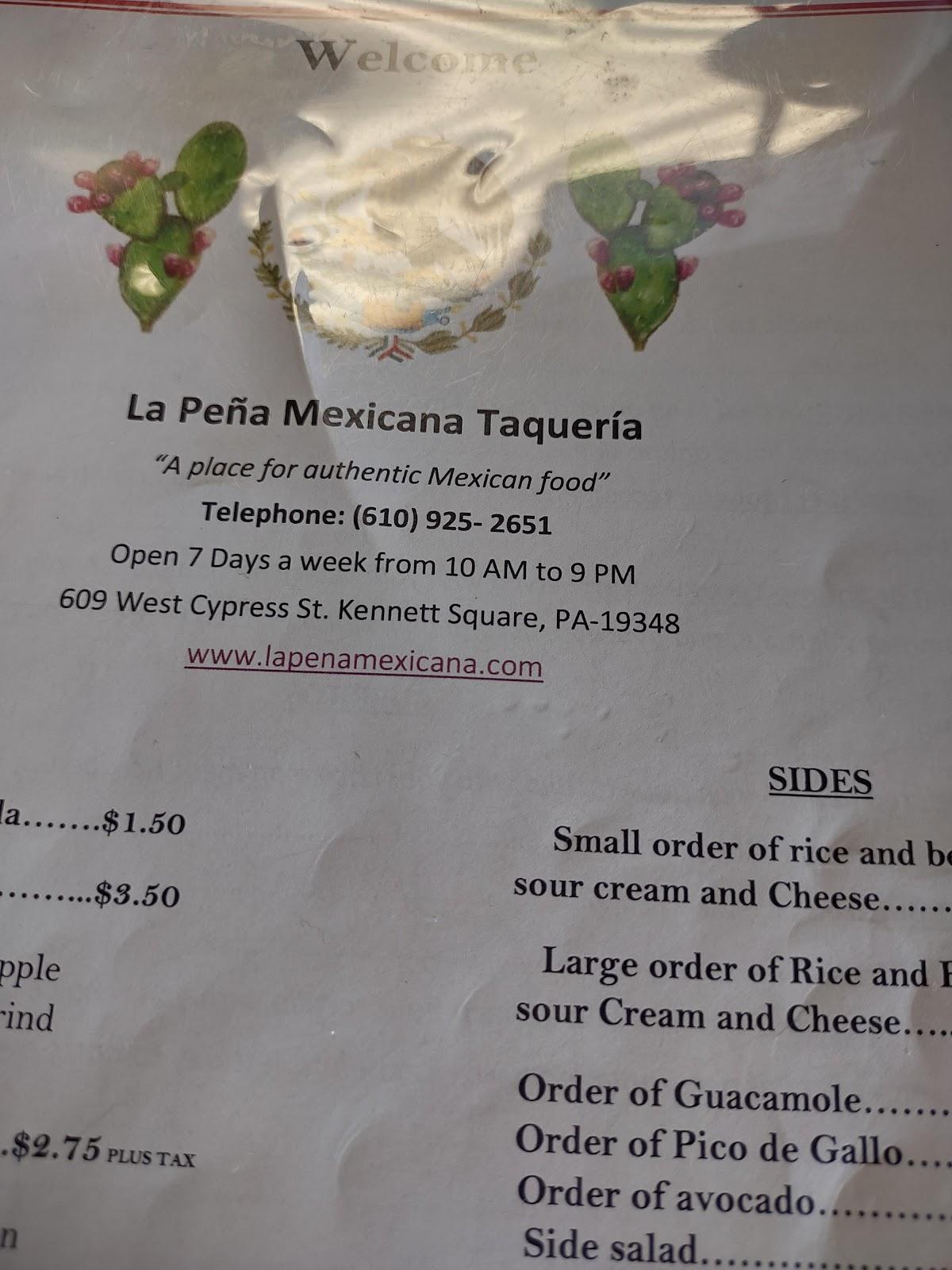 Menu at La Peña Mexicana restaurant, Kennett Square