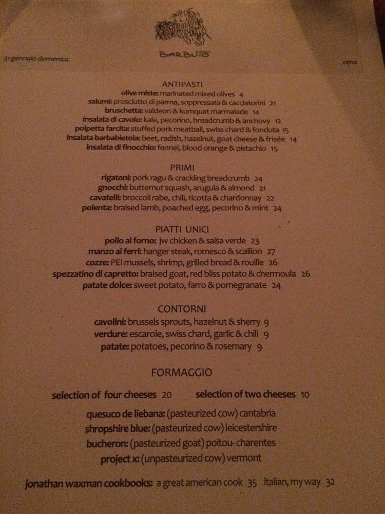 Menu at Barbuto, New York City, 775 Washington St