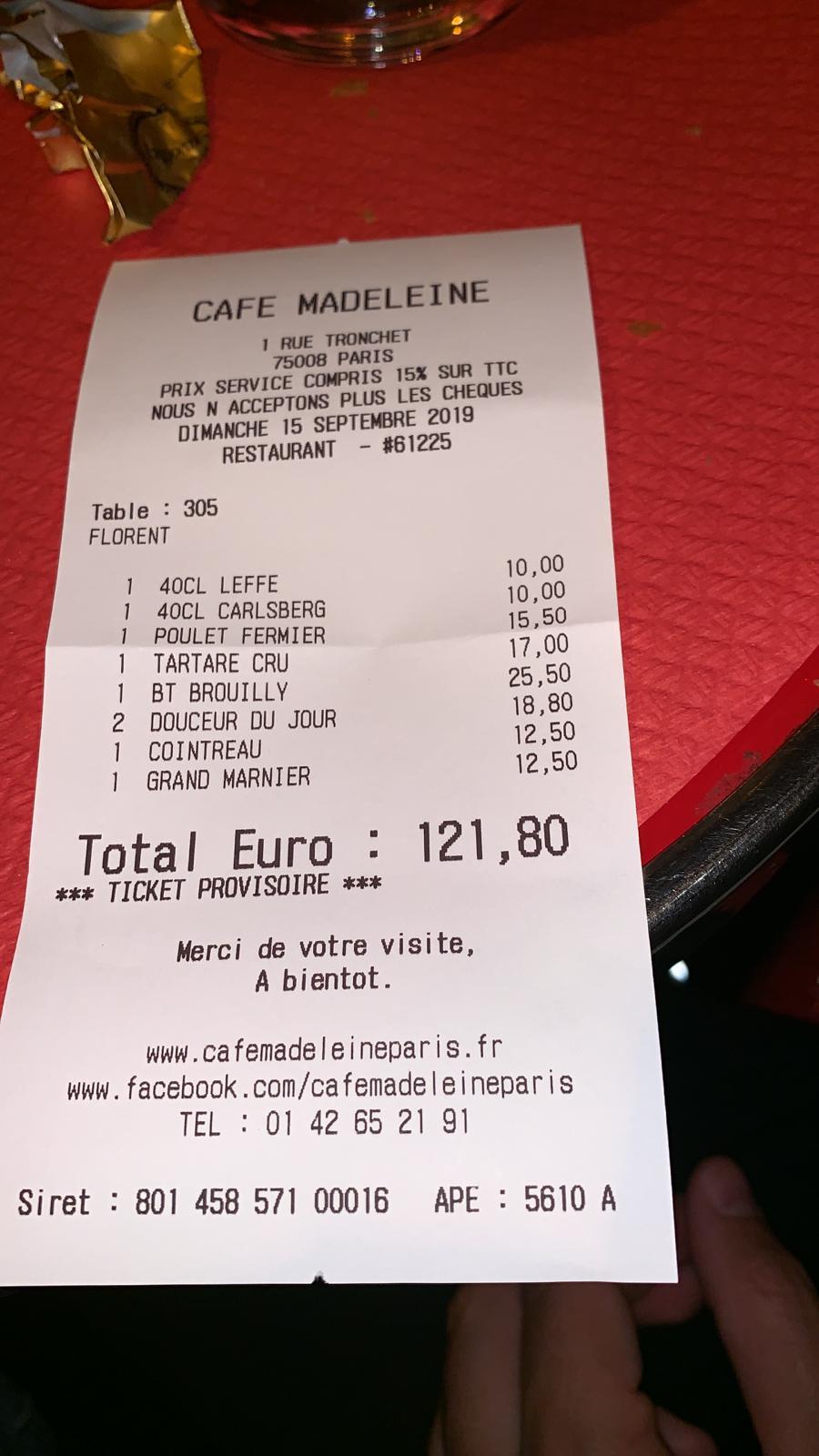 Menu at Café Madeleine Paris, Paris, 35 Pl. de la Madeleine