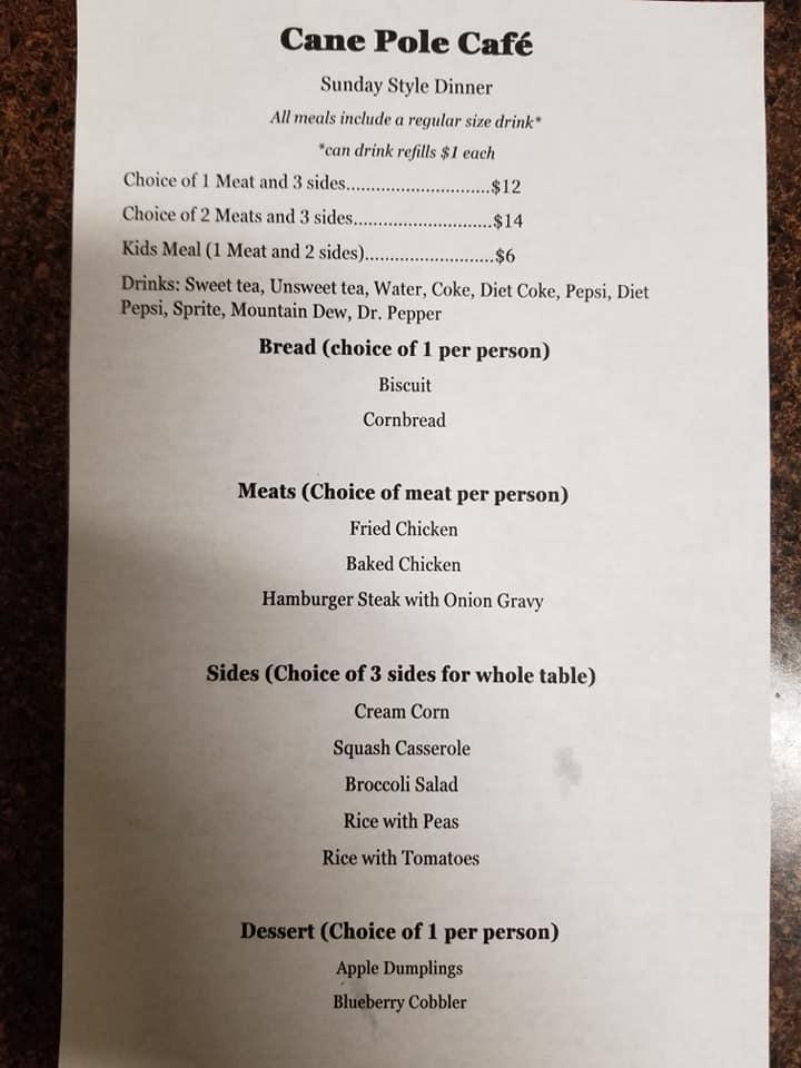 Menu at Cane Pole Cafe, Folkston