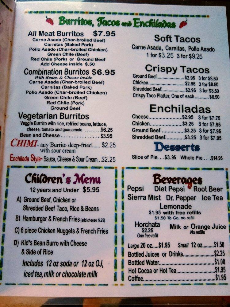 Menu at Casa Rivera's Taco Express restaurant, Oracle