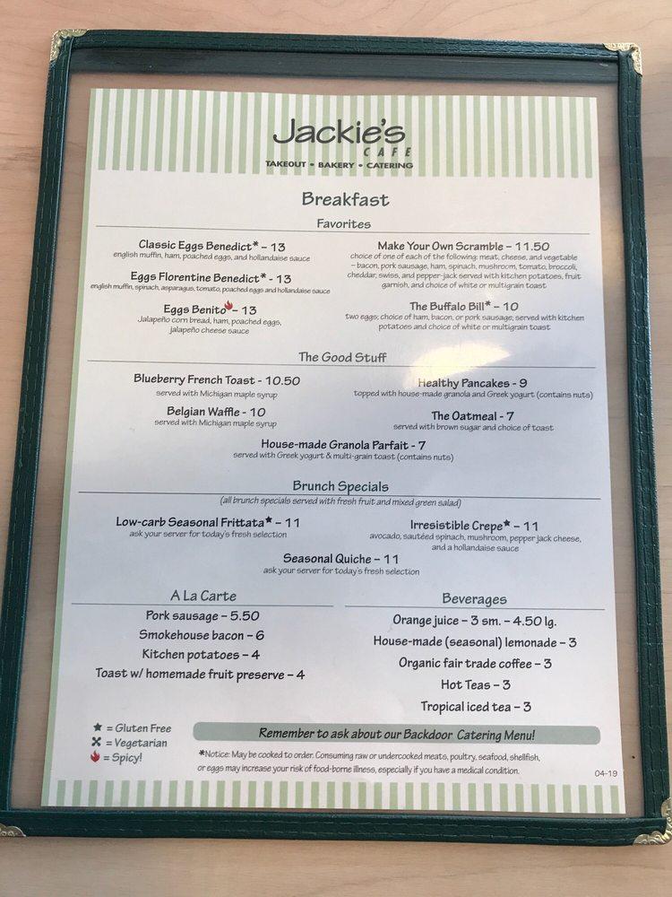 Menu at Jackie's Cafe, New Buffalo
