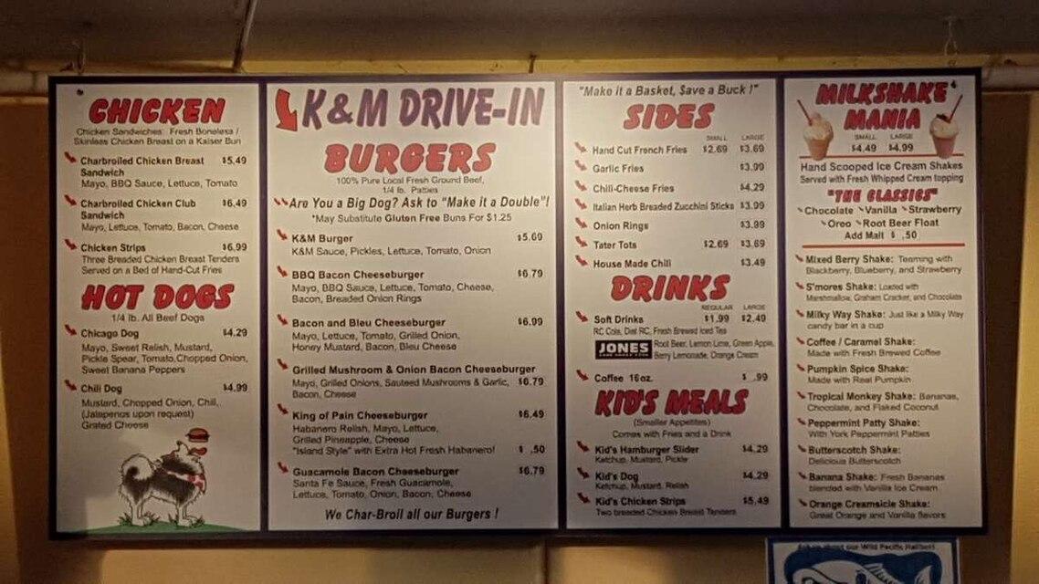 Menu at K&M Drive-In fast food, Camas