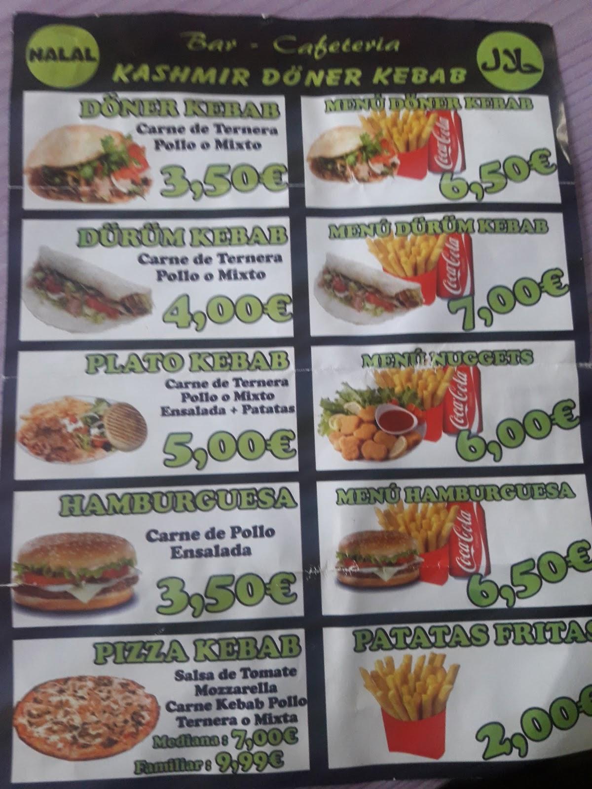 Menu at Kebab kashmir restaurant, Miami Platja