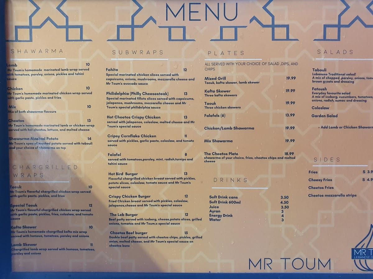 Menu at Mr Toum restaurant, Craigieburn