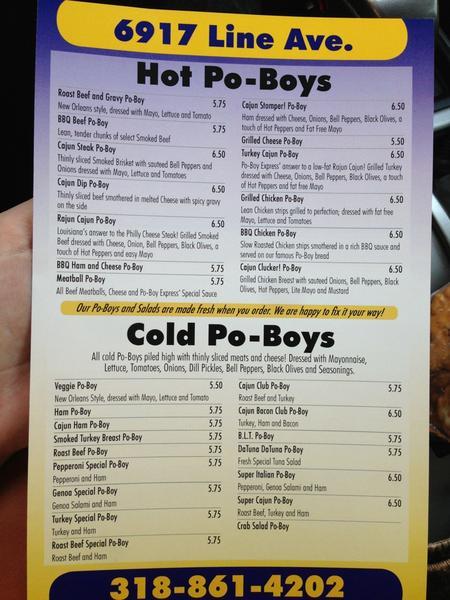 Menu at PO Boy Express restaurant, Shreveport