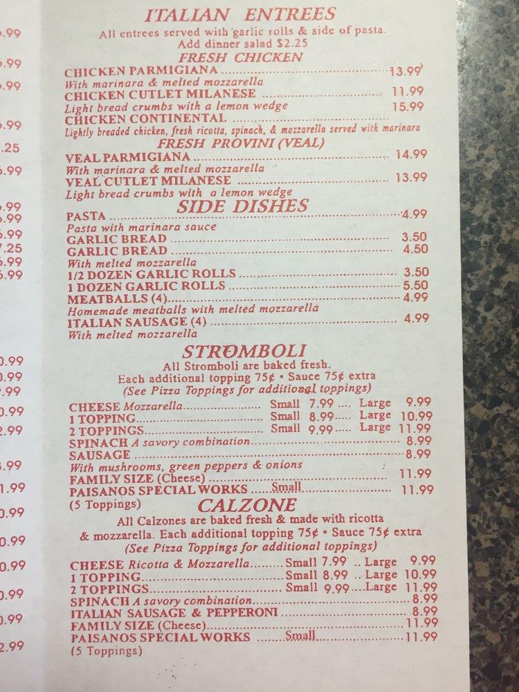Menu at Paisano's Pizza pizzeria, West Palm Beach