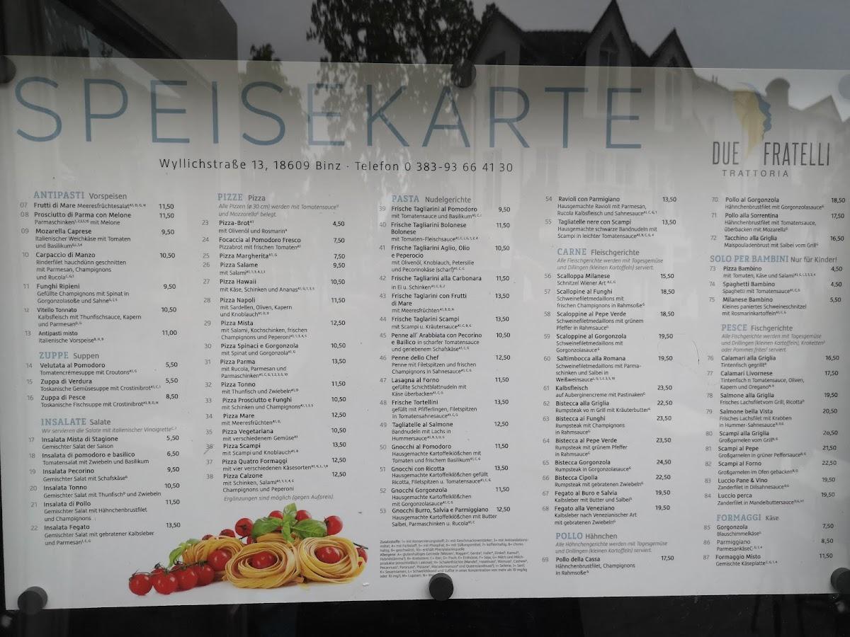Speisekarte von Restaurant & Pizzeria Due Fratelli, Binz