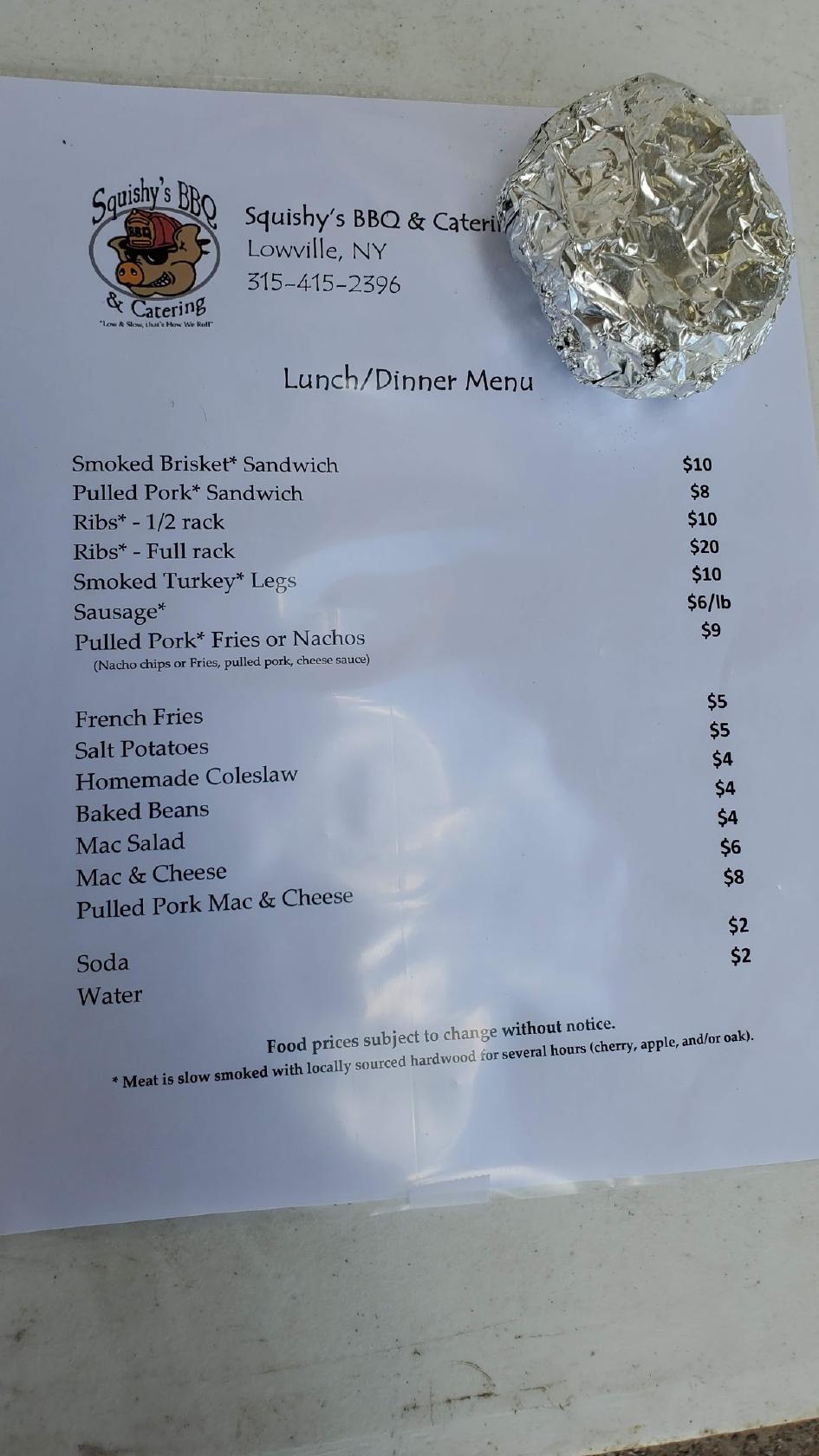 Menu at Squishy's BBQ & Catering, Lowville
