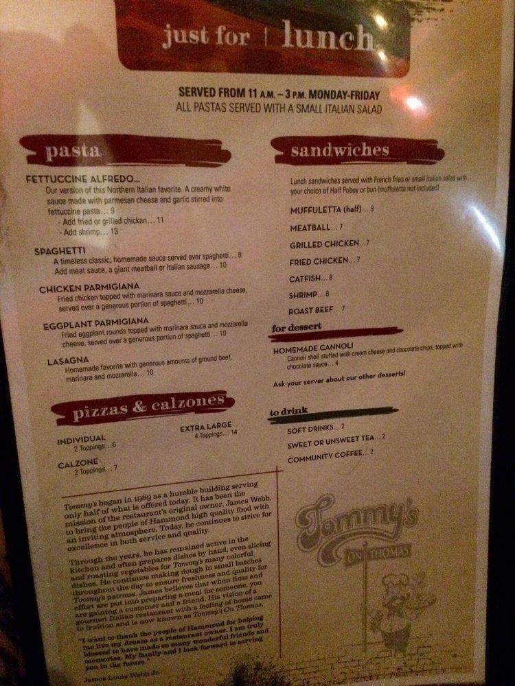 Menu at Tommy's on Thomas pizzeria, Hammond