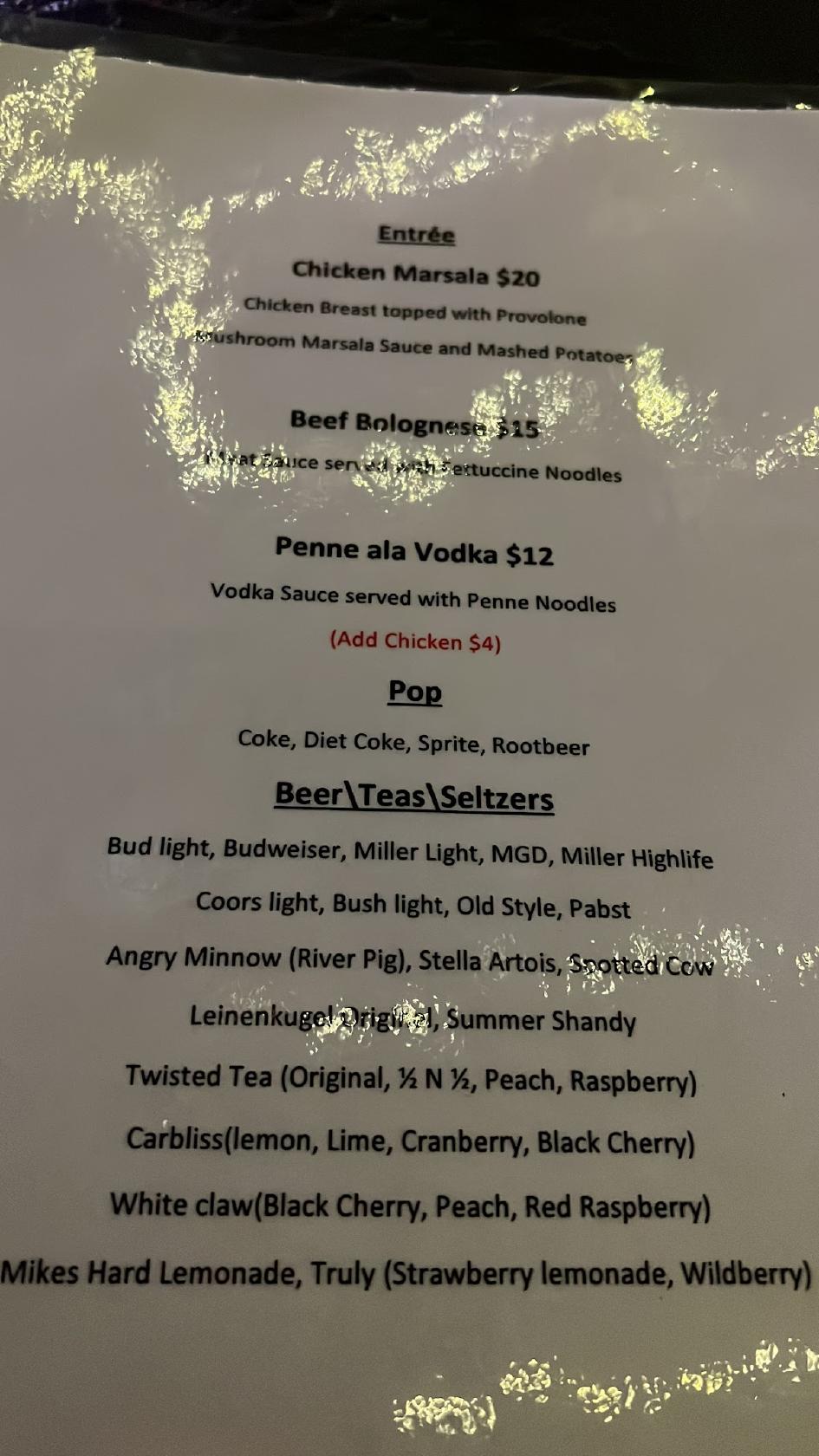 Menu at Bernie's pub & bar, Chief Lake