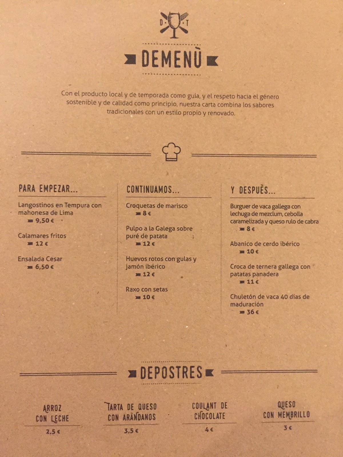Menu at Detomas restaurant, A Coruña