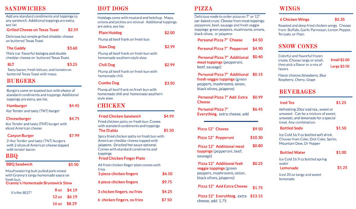 Menu at Ripley’s restaurant, Lumpkin