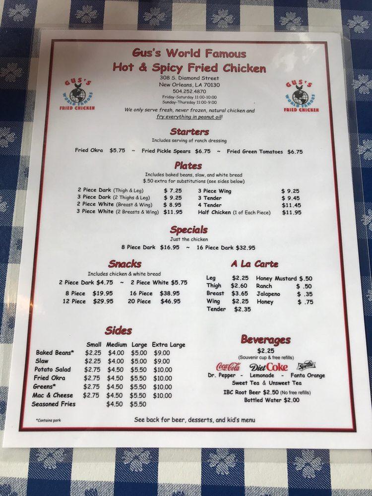 Menu at Gus’s World Famous Fried Chicken restaurant, New Orleans