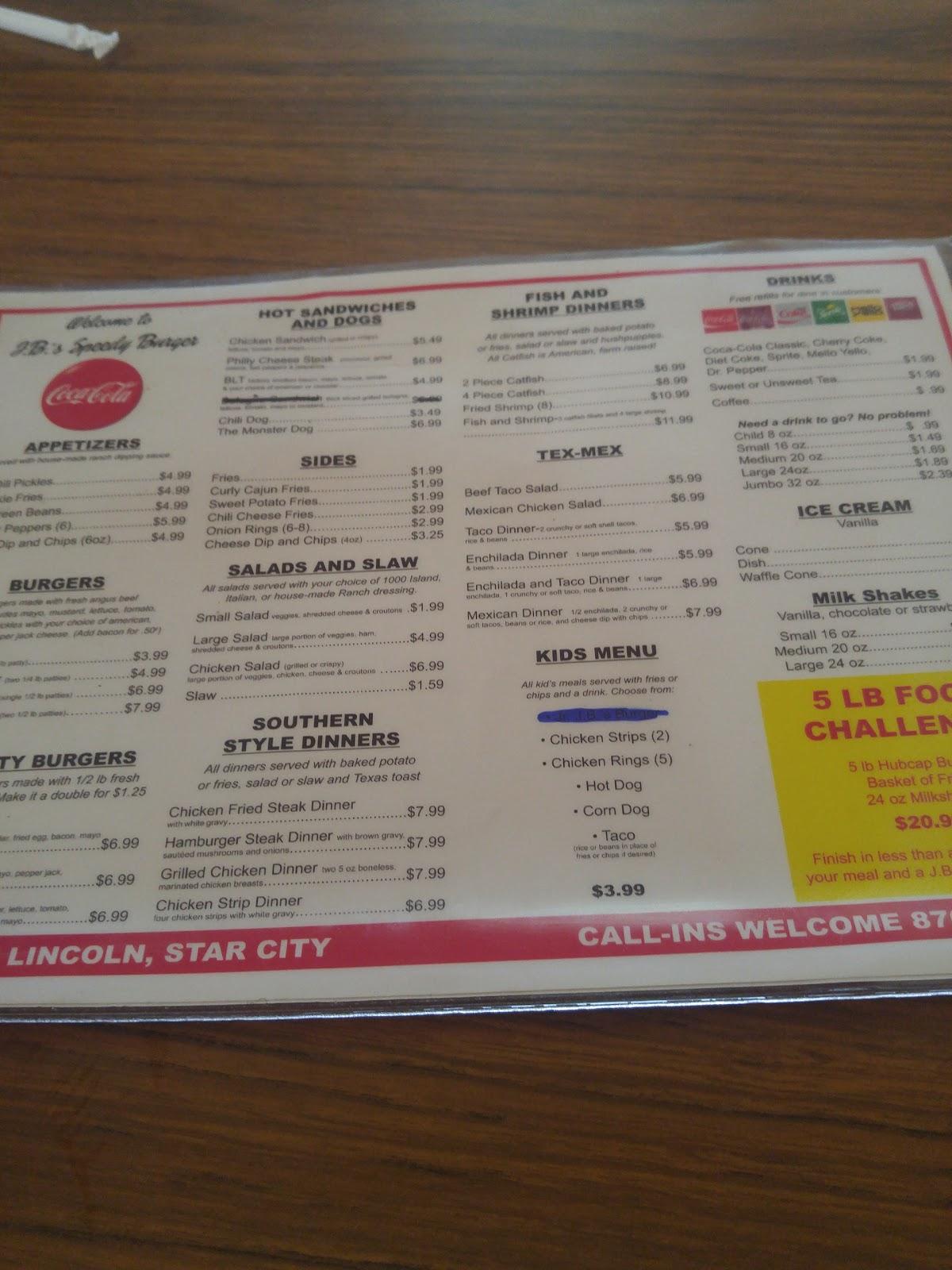 Menu at JB's Speedy Burger restaurant, Star City