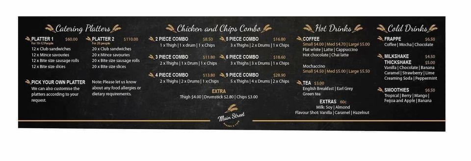 Menu at Main Street Bakery, Takanini