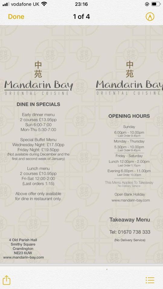 Menu at Mandarin Bay restaurant, Cramlington