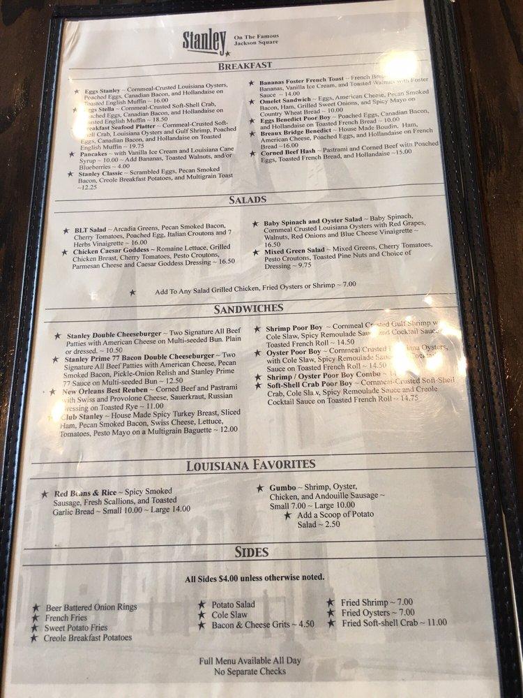 Menu at Stanley of New Orleans restaurant, New Orleans