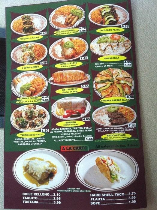 Menu at Tacos Don Nacho restaurant, Oklahoma City