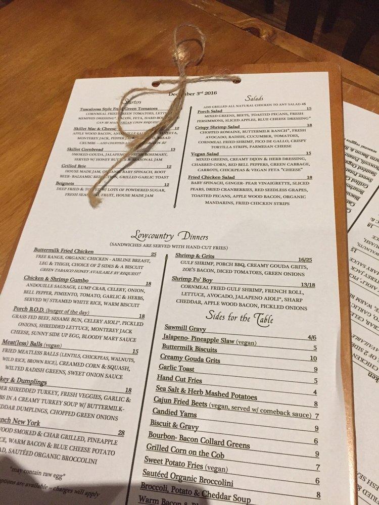Menu at The Porch Restaurant & Bar, Sacramento