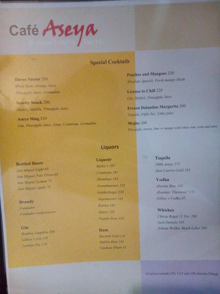 Menu at Aseya cafe, Davao City