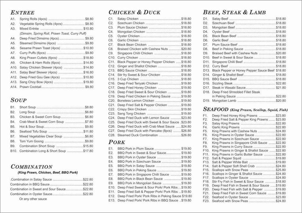 Menu at Blue Sky Chinese Cuisine restaurant, Springwood