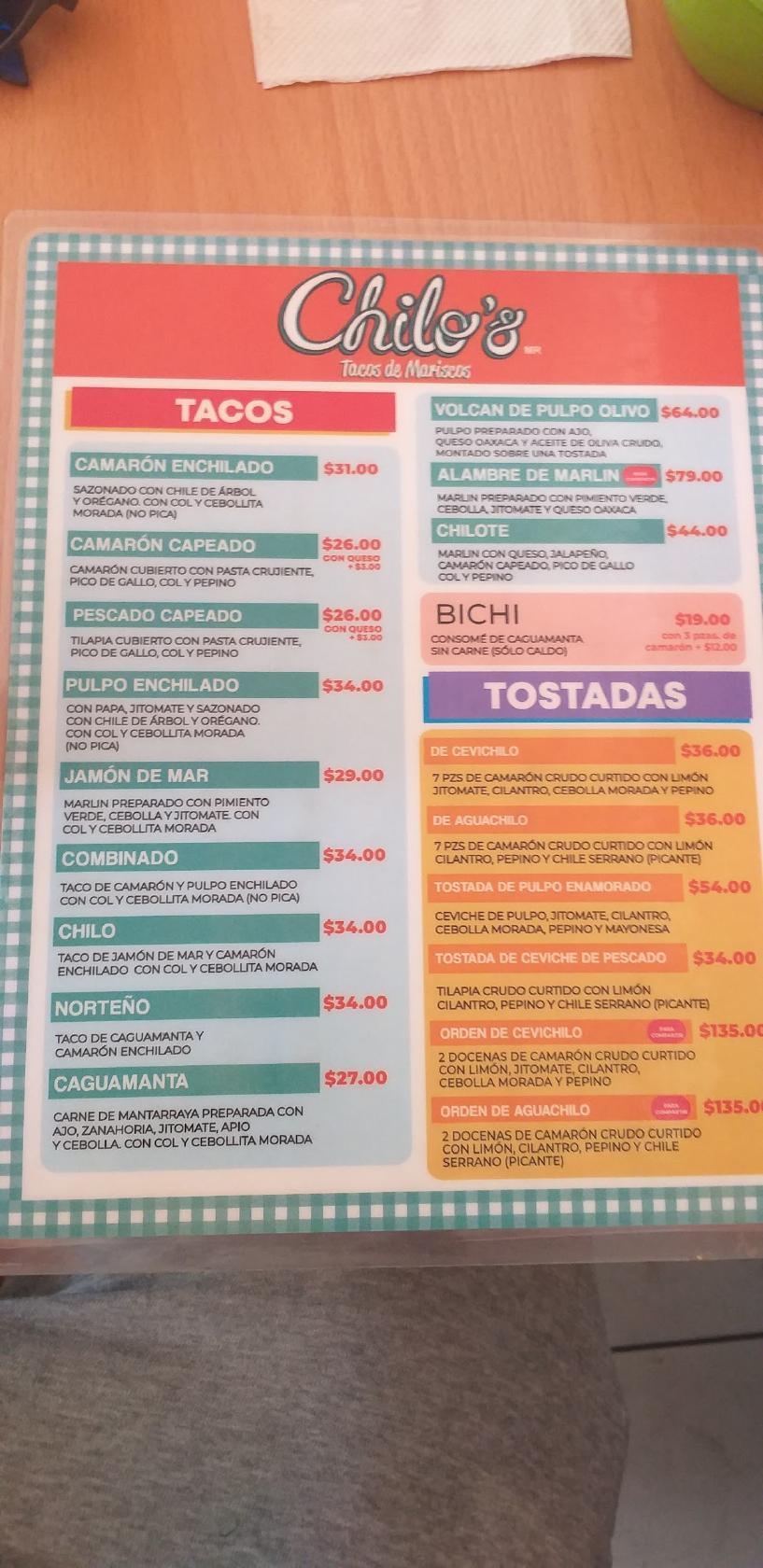 Carta del restaurante CHILO'S Tacos del Mariscos, Toluca del Lerdo