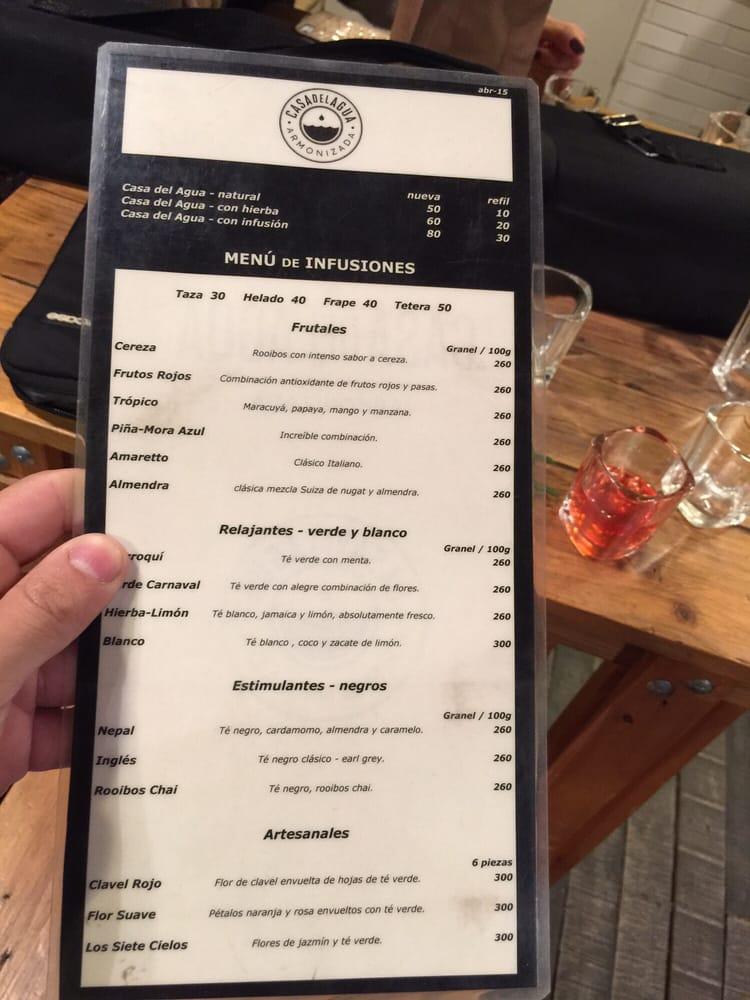 Menu at Casa del Agua, Mexico City, Puebla 242 Col. Roma Norte