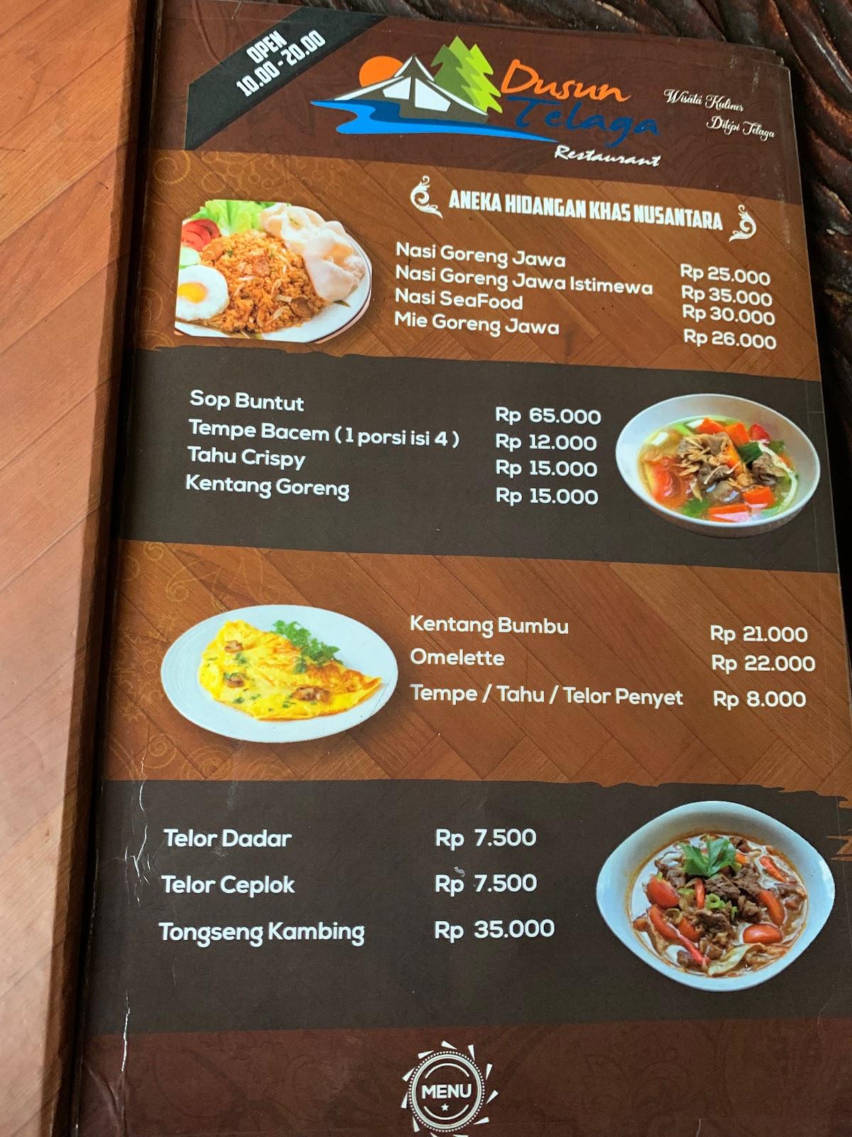 Menu at Dusun Telaga Boutique Villa Resort restaurant, Kepuharjo
