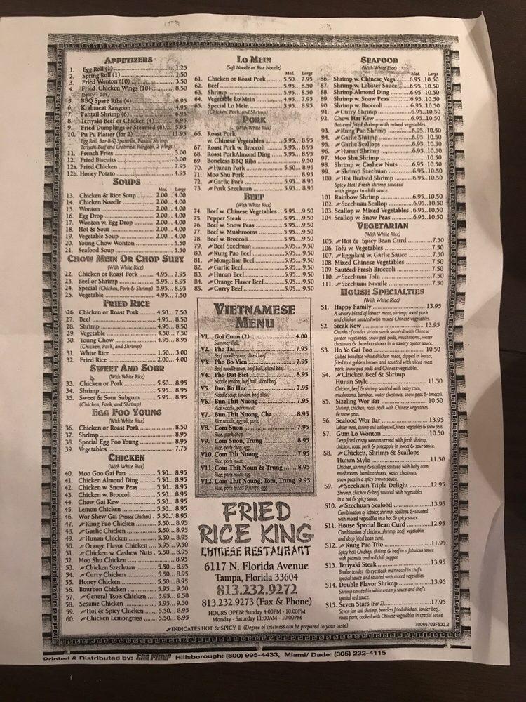 Menu at Fried Rice King restaurant, Tampa
